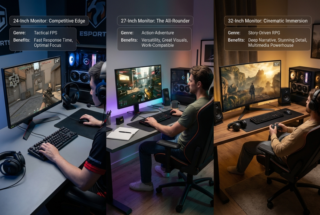 Gaming Monitor Size Guide 2026: 24 vs 27 vs 32 Inch Comparison